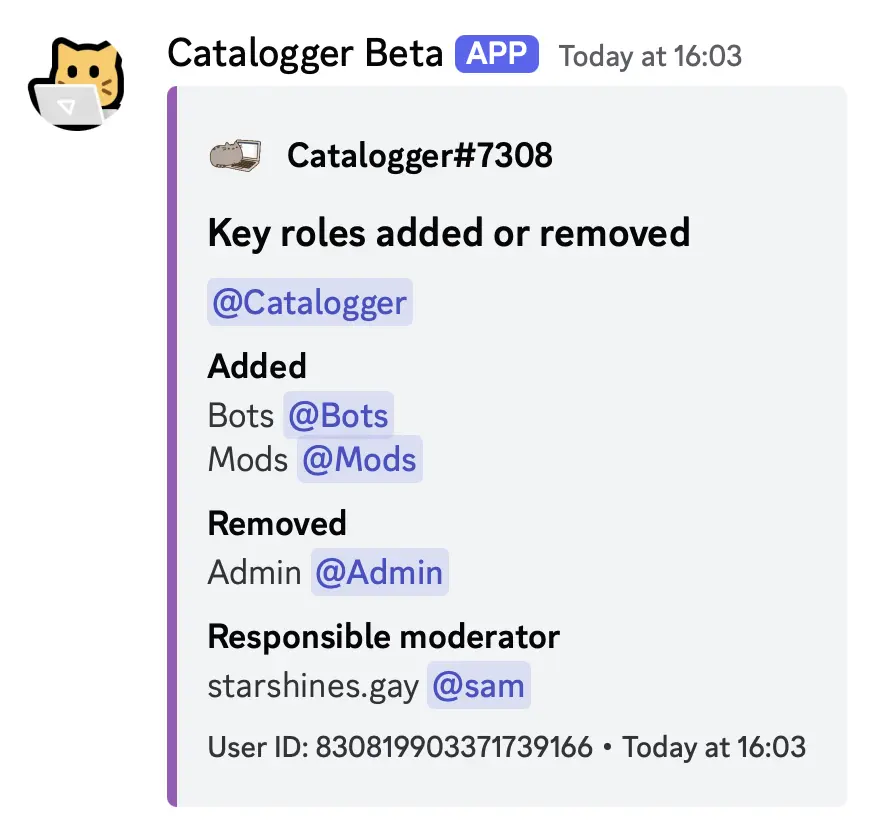 Screenshot showing a key role log, with three roles. The log message ...